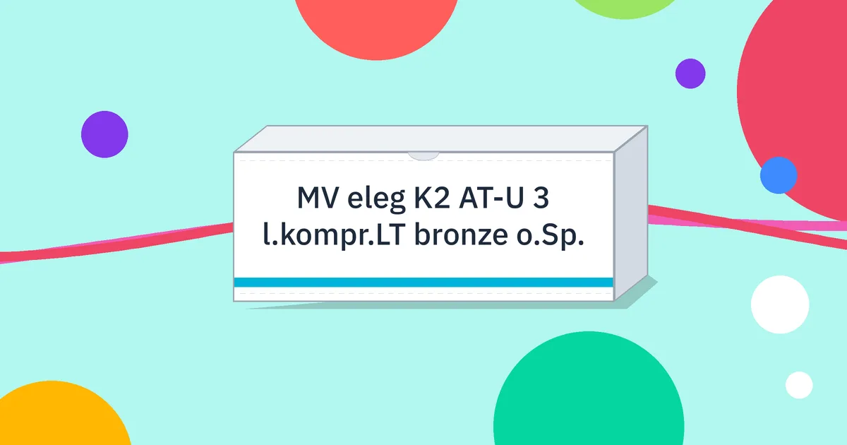 Symbolbild: Packung mit der Aufschrift MV eleg K2 AT-U 3 l.kompr.LT bronze o.Sp. (PZN 15289383) – Verfügbarkeit und Bezug in Apotheken in Frankfurt am Main