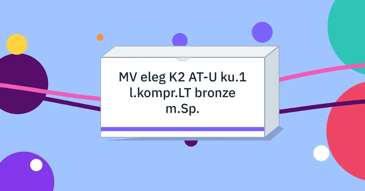 Symbolbild: Packung mit der Aufschrift MV eleg K2 AT-U ku.1 l.kompr.LT bronze m.Sp. (PZN 15291173) – Verfügbarkeit und Bezug in Apotheken in Frankfurt am Main