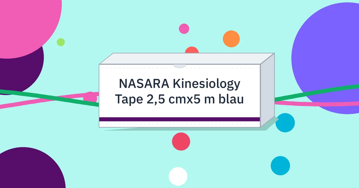 Symbolbild: Packung mit der Aufschrift NASARA Kinesiology Tape 2,5 cmx5 m blau (PZN 19512524) – Verfügbarkeit und Bezug in Apotheken in Frankfurt am Main