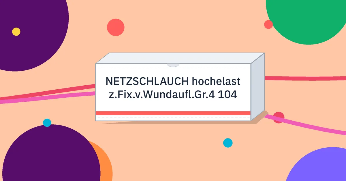 Symbolbild: Packung mit der Aufschrift NETZSCHLAUCH hochelast z.Fix.v.Wundaufl.Gr.4 104 (PZN 04303571) – Verfügbarkeit und Bezug in Apotheken in Frankfurt am Main