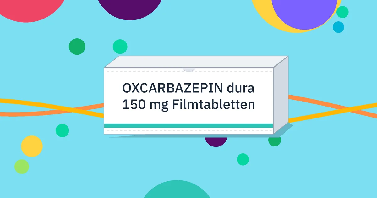 Symbolbild: Packung mit der Aufschrift OXCARBAZEPIN dura 150 mg Filmtabletten (PZN 05048129) – Verfügbarkeit und Bezug in Apotheken in Frankfurt am Main