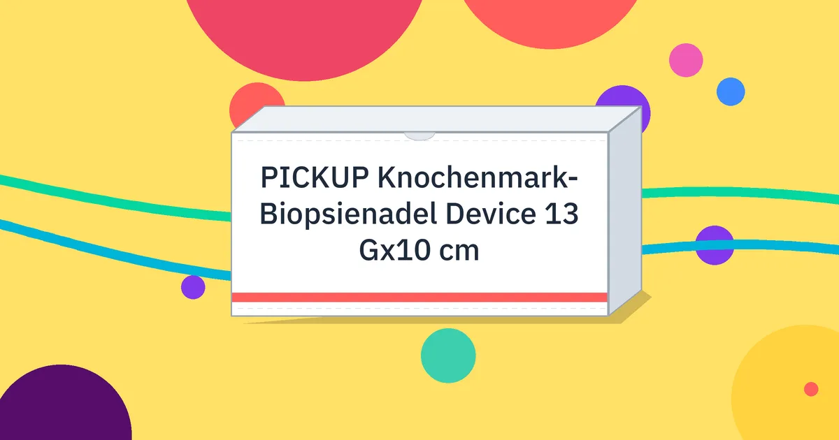 Symbolbild: Packung mit der Aufschrift PICKUP Knochenmark-Biopsienadel Device 13 Gx10 cm (PZN 16946848) – Verfügbarkeit und Bezug in Apotheken in Frankfurt am Main