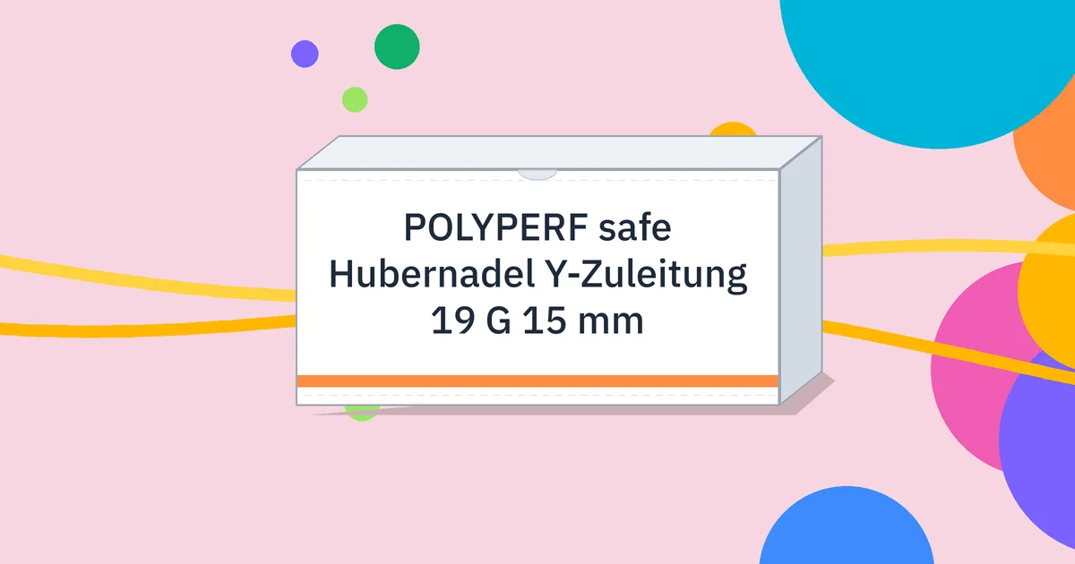 Symbolbild: Packung mit der Aufschrift POLYPERF safe Hubernadel Y-Zuleitung 19 G 15 mm (PZN 18113874) – Verfügbarkeit und Bezug in Apotheken in Frankfurt am Main