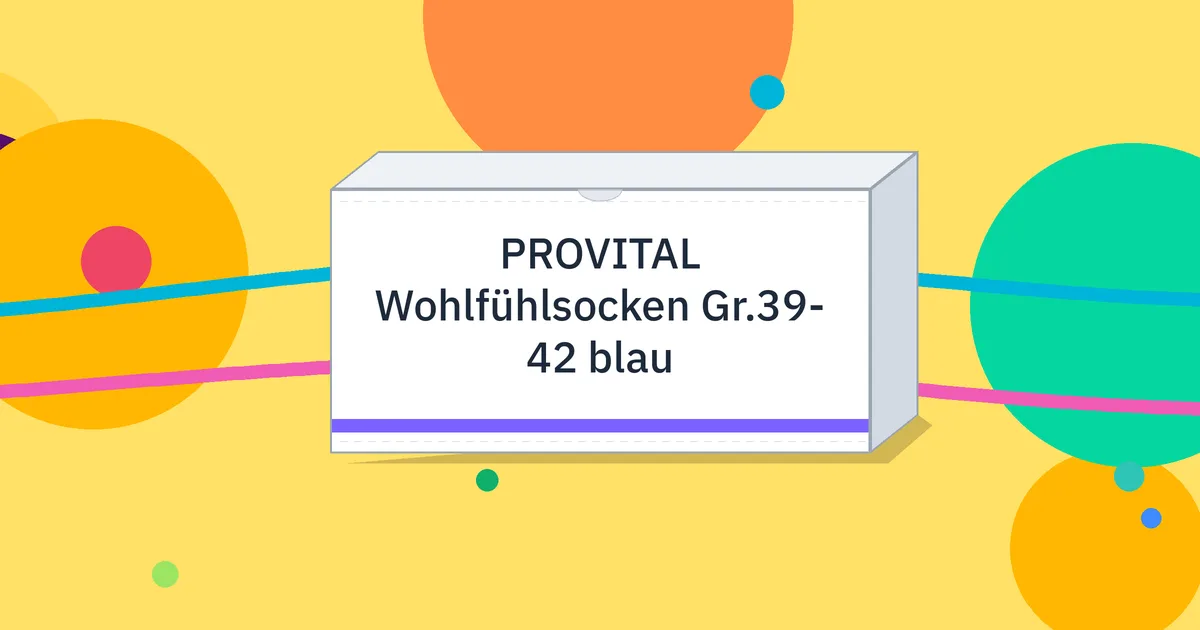 Symbolbild: Packung mit der Aufschrift PROVITAL Wohlfühlsocken Gr.39-42 blau (PZN 20796834) – Verfügbarkeit und Bezug in Apotheken in Frankfurt am Main