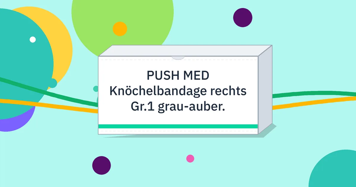 Symbolbild: Packung mit der Aufschrift PUSH MED Knöchelbandage rechts Gr.1 grau-auber. (PZN 04856695) – Verfügbarkeit und Bezug in Apotheken in Frankfurt am Main