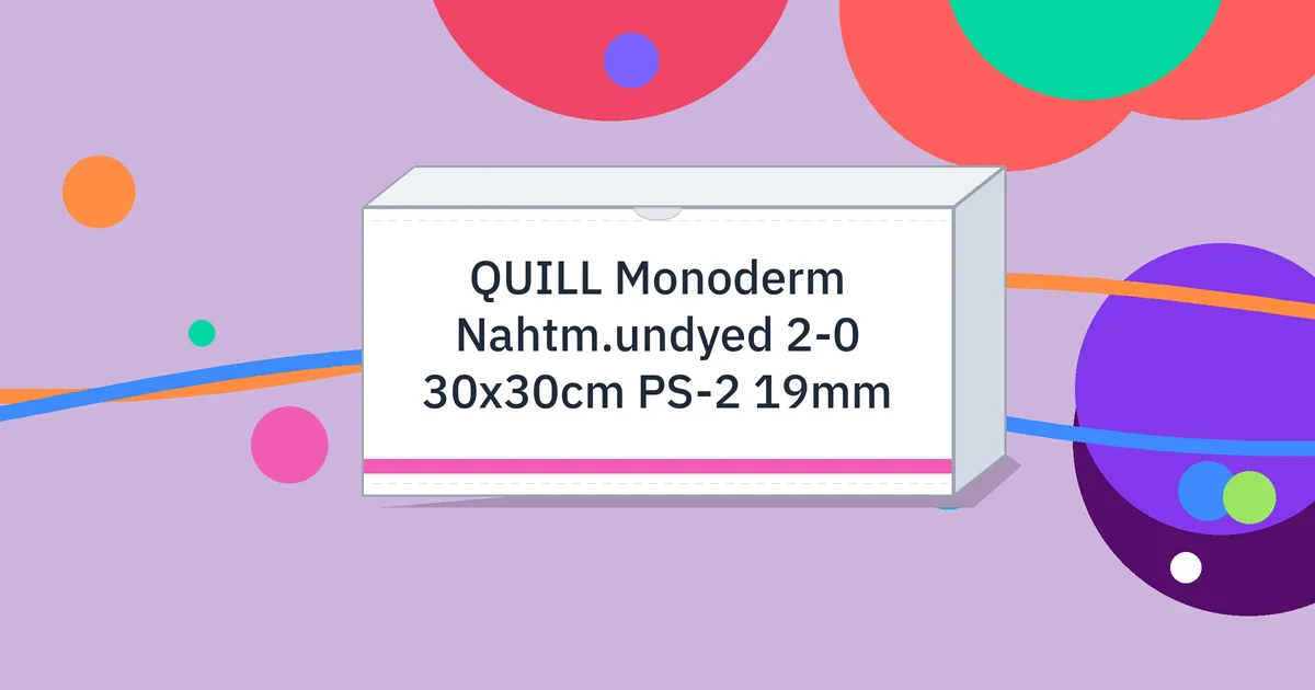 Symbolbild: Packung mit der Aufschrift QUILL Monoderm Nahtm.undyed 2-0 30x30cm PS-2 19mm (PZN 17988843) – Verfügbarkeit und Bezug in Apotheken in Frankfurt am Main