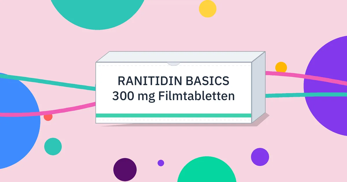 Symbolbild: Packung mit der Aufschrift RANITIDIN BASICS 300 mg Filmtabletten (PZN 05499783) – Verfügbarkeit und Bezug in Apotheken in Frankfurt am Main