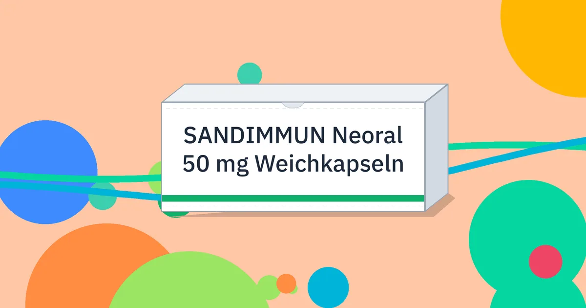 Symbolbild: Packung mit der Aufschrift SANDIMMUN Neoral 50 mg Weichkapseln (PZN 05392393) – Verfügbarkeit und Bezug in Apotheken in Frankfurt am Main