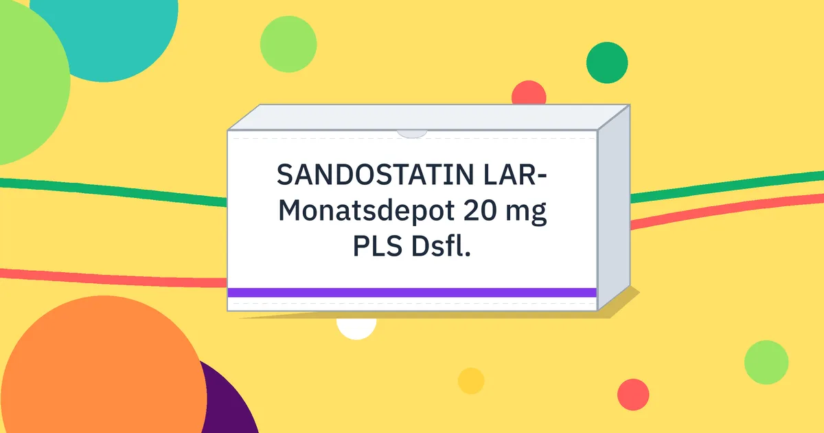 Symbolbild: Packung mit der Aufschrift SANDOSTATIN LAR-Monatsdepot 20 mg PLS Dsfl. (PZN 16036945) – Verfügbarkeit und Bezug in Apotheken in Frankfurt am Main