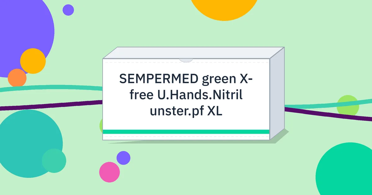 Symbolbild: Packung mit der Aufschrift SEMPERMED green X-free U.Hands.Nitril unster.pf XL (PZN 19961529) – Verfügbarkeit und Bezug in Apotheken in Frankfurt am Main