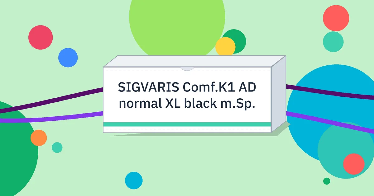 Symbolbild: Packung mit der Aufschrift SIGVARIS Comf.K1 AD normal XL black m.Sp. (PZN 17093810) – Verfügbarkeit und Bezug in Apotheken in Frankfurt am Main