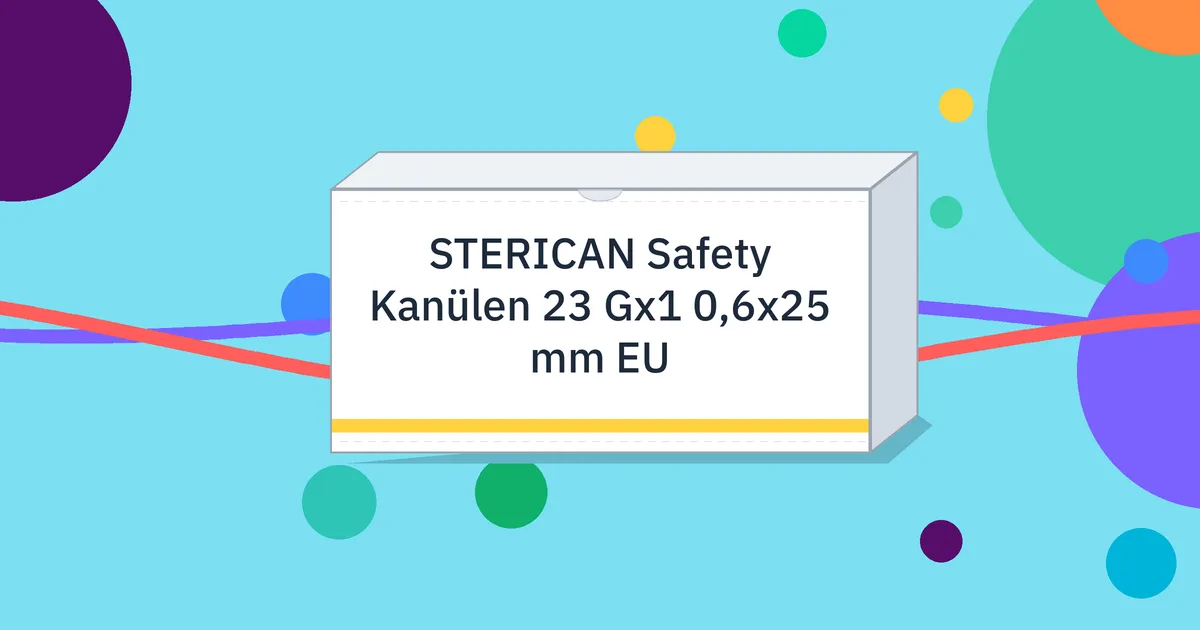 Symbolbild: Packung mit der Aufschrift STERICAN Safety Kanülen 23 Gx1 0,6x25 mm EU (PZN 13353800) – Verfügbarkeit und Bezug in Apotheken in Frankfurt am Main