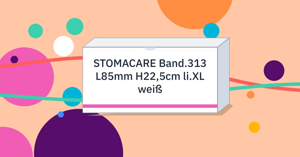 Symbolbild: Packung mit der Aufschrift STOMACARE Band.313 L85mm H22,5cm li.XL weiß (PZN 09436874) – Verfügbarkeit und Bezug in Apotheken in Frankfurt am Main