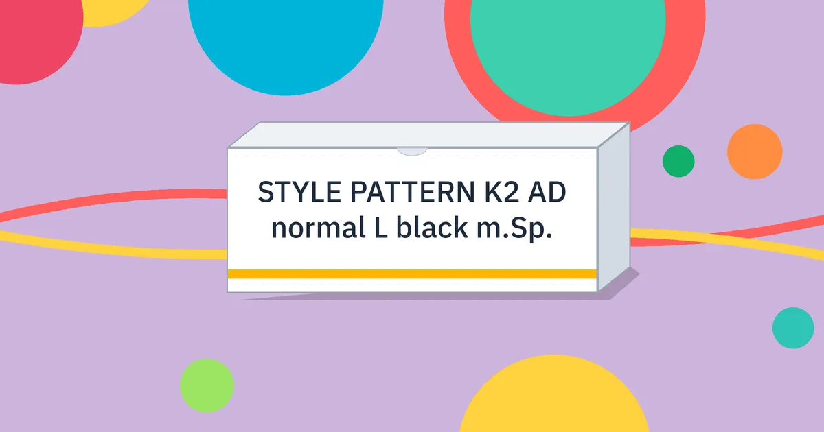 Symbolbild: Packung mit der Aufschrift STYLE PATTERN K2 AD normal L black m.Sp. (PZN 19695252) – Verfügbarkeit und Bezug in Apotheken in Frankfurt am Main