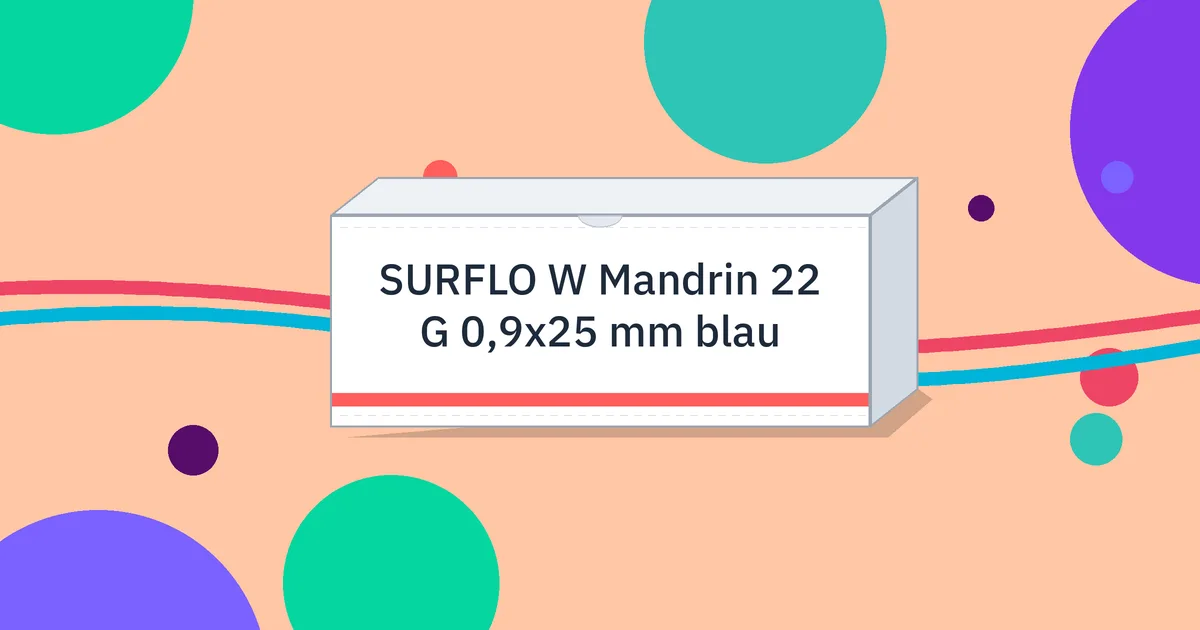 Symbolbild: Packung mit der Aufschrift SURFLO W Mandrin 22 G 0,9x25 mm blau (PZN 15590421) – Verfügbarkeit und Bezug in Apotheken in Frankfurt am Main