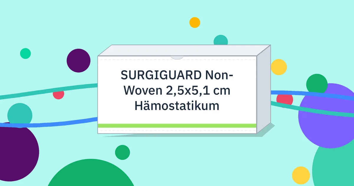 Symbolbild: Packung mit der Aufschrift SURGIGUARD Non-Woven 2,5x5,1 cm Hämostatikum (PZN 19160485) – Verfügbarkeit und Bezug in Apotheken in Frankfurt am Main