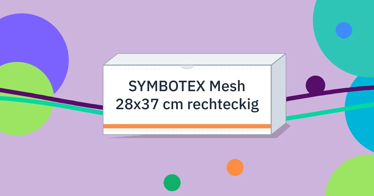 Symbolbild: Packung mit der Aufschrift SYMBOTEX Mesh 28x37 cm rechteckig (PZN 10631316) – Verfügbarkeit und Bezug in Apotheken in Frankfurt am Main