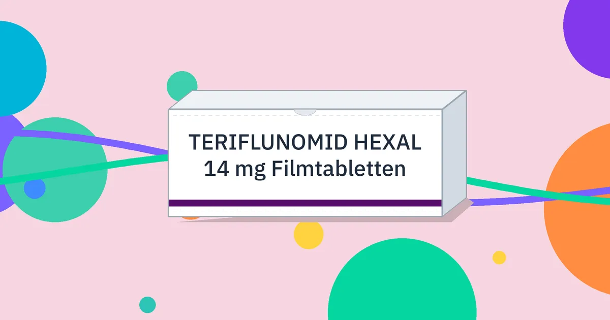 Symbolbild: Packung mit der Aufschrift TERIFLUNOMID HEXAL 14 mg Filmtabletten (PZN 18229418) – Verfügbarkeit und Bezug in Apotheken in Frankfurt am Main