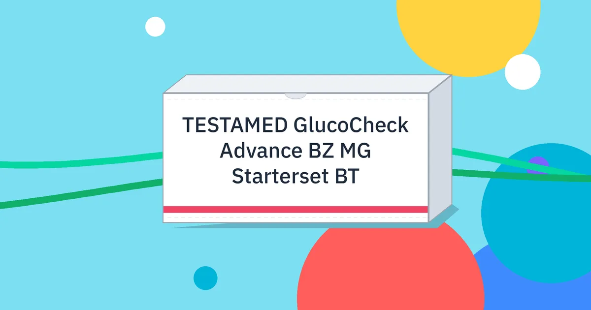 Symbolbild: Packung mit der Aufschrift TESTAMED GlucoCheck Advance BZ MG Starterset BT (PZN 19530539) – Verfügbarkeit und Bezug in Apotheken in Frankfurt am Main