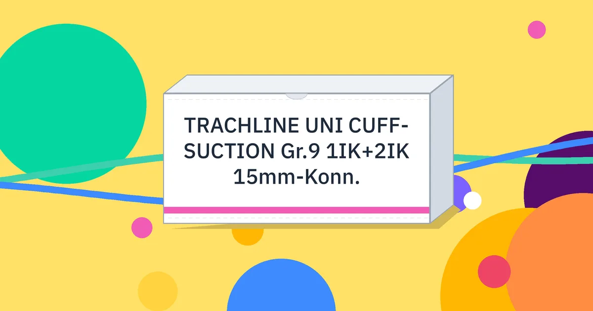 Symbolbild: Packung mit der Aufschrift TRACHLINE UNI CUFF-SUCTION Gr.9 1IK+2IK 15mm-Konn. (PZN 17156315) – Verfügbarkeit und Bezug in Apotheken in Frankfurt am Main