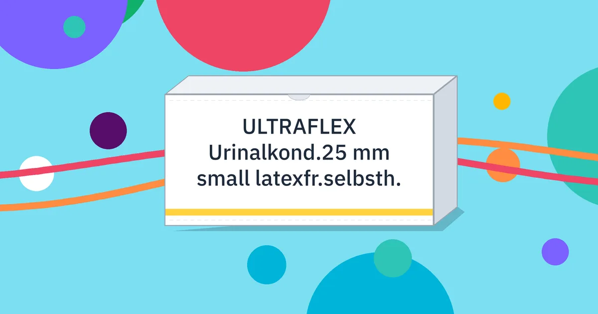 Symbolbild: Packung mit der Aufschrift ULTRAFLEX Urinalkond.25 mm small latexfr.selbsth. (PZN 00671243) – Verfügbarkeit und Bezug in Apotheken in Frankfurt am Main