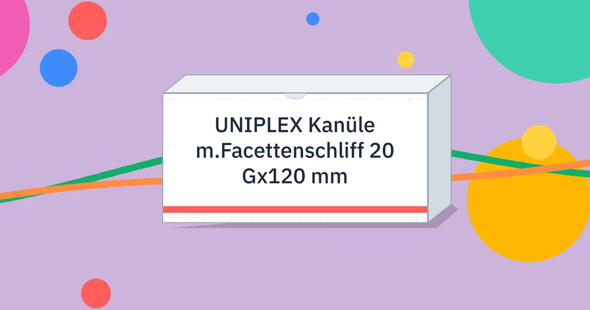 Symbolbild: Packung mit der Aufschrift UNIPLEX Kanüle m.Facettenschliff 20 Gx120 mm (PZN 03944635) – Verfügbarkeit und Bezug in Apotheken in Frankfurt am Main