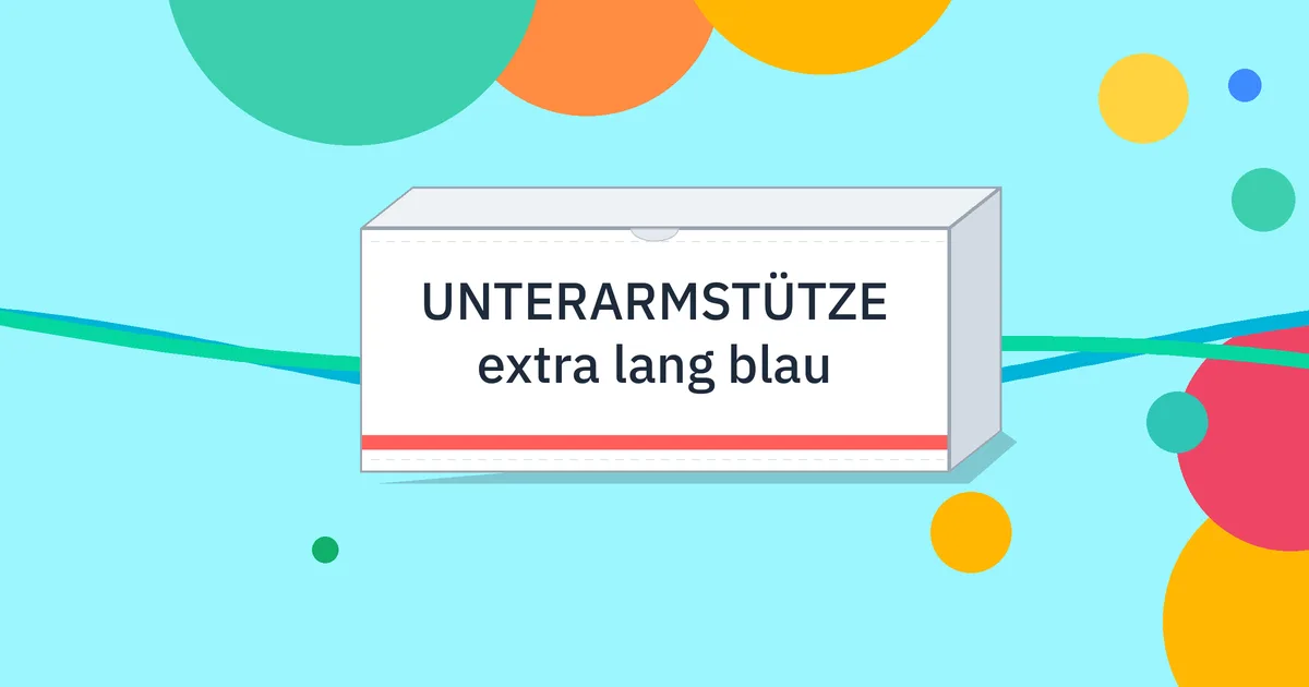 Symbolbild: Packung mit der Aufschrift UNTERARMSTÜTZE extra lang blau (PZN 00249722) – Verfügbarkeit und Bezug in Apotheken in Frankfurt am Main