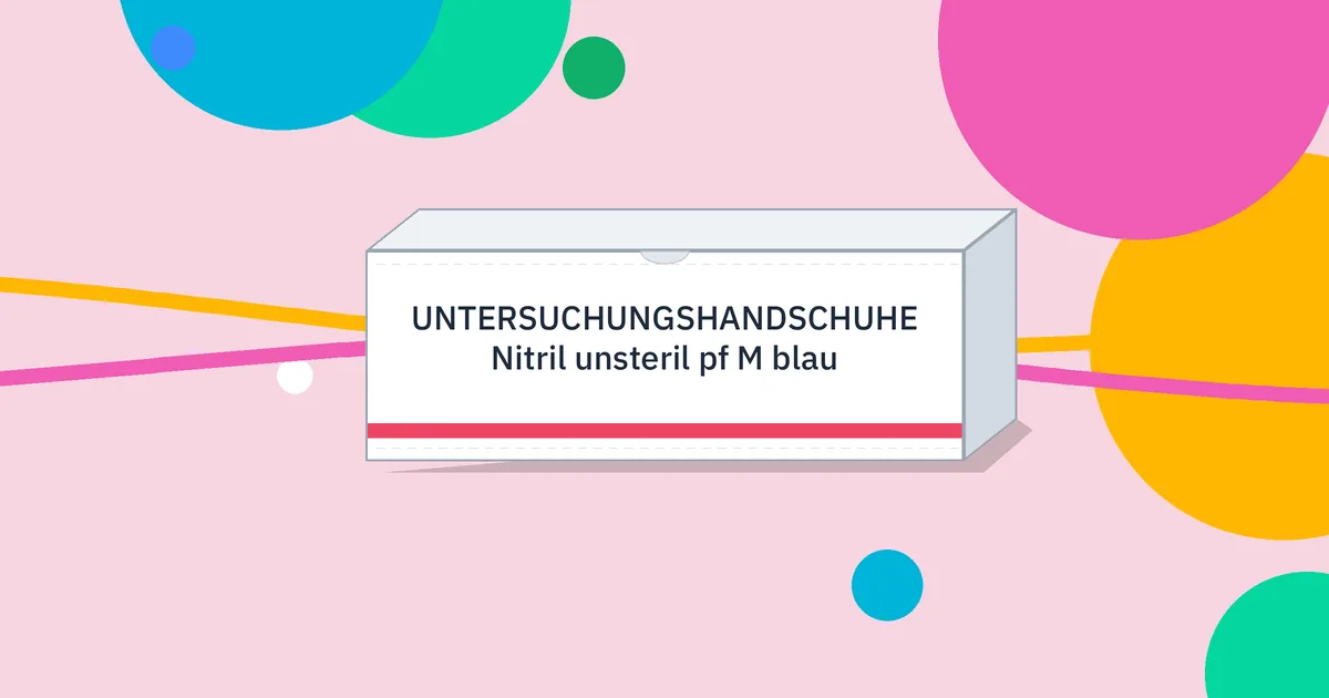 Symbolbild: Packung mit der Aufschrift UNTERSUCHUNGSHANDSCHUHE Nitril unsteril pf M blau (PZN 14399827) – Verfügbarkeit und Bezug in Apotheken in Frankfurt am Main