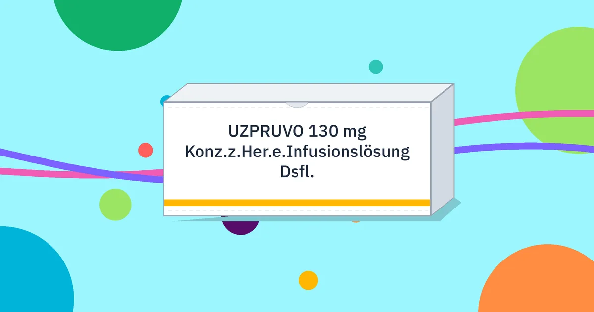 Symbolbild: Packung mit der Aufschrift UZPRUVO 130 mg Konz.z.Her.e.Infusionslösung Dsfl. (PZN 18671166) – Verfügbarkeit und Bezug in Apotheken in Frankfurt am Main