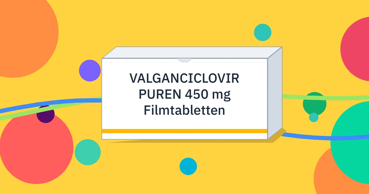 Symbolbild: Packung mit der Aufschrift VALGANCICLOVIR PUREN 450 mg Filmtabletten (PZN 18676850) – Verfügbarkeit und Bezug in Apotheken in Frankfurt am Main