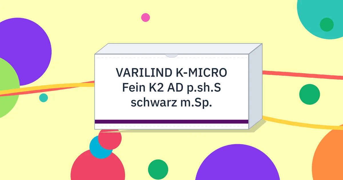Symbolbild: Packung mit der Aufschrift VARILIND K-MICRO Fein K2 AD p.sh.S schwarz m.Sp. (PZN 20559005) – Verfügbarkeit und Bezug in Apotheken in Frankfurt am Main