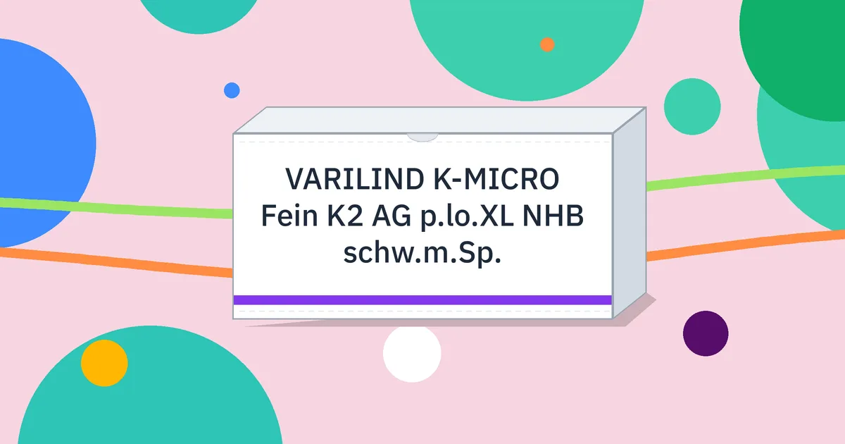 Symbolbild: Packung mit der Aufschrift VARILIND K-MICRO Fein K2 AG p.lo.XL NHB schw.m.Sp. (PZN 20556656) – Verfügbarkeit und Bezug in Apotheken in Frankfurt am Main