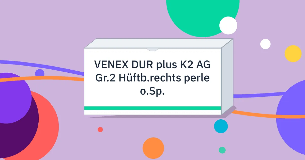 Symbolbild: Packung mit der Aufschrift VENEX DUR plus K2 AG Gr.2 Hüftb.rechts perle o.Sp. (PZN 03240130) – Verfügbarkeit und Bezug in Apotheken in Frankfurt am Main