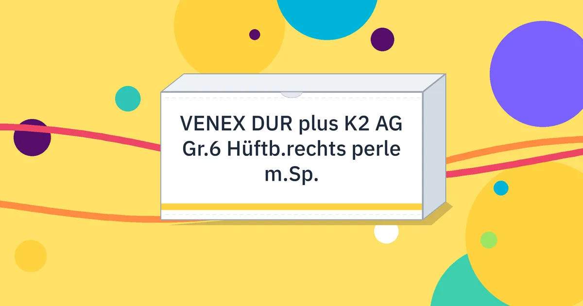 Symbolbild: Packung mit der Aufschrift VENEX DUR plus K2 AG Gr.6 Hüftb.rechts perle m.Sp. (PZN 03238707) – Verfügbarkeit und Bezug in Apotheken in Frankfurt am Main