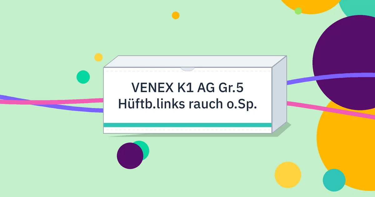 Symbolbild: Packung mit der Aufschrift VENEX K1 AG Gr.5 Hüftb.links rauch o.Sp. (PZN 03205091) – Verfügbarkeit und Bezug in Apotheken in Frankfurt am Main