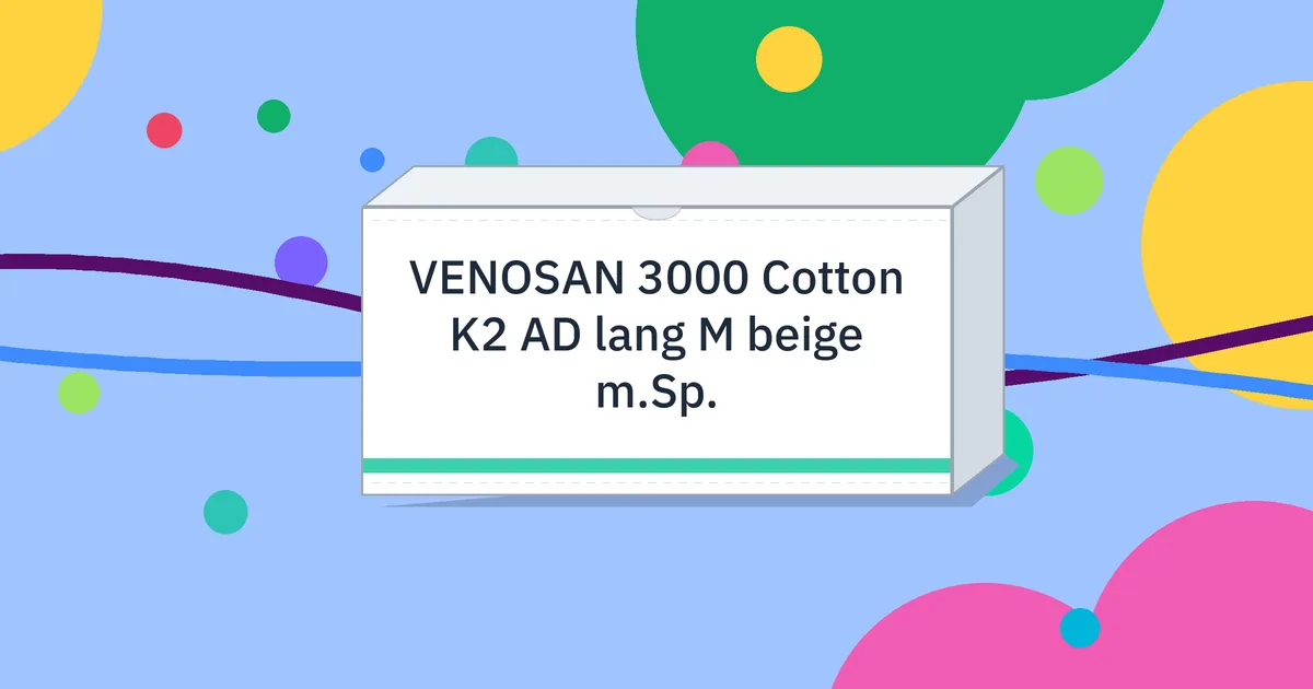 Symbolbild: Packung mit der Aufschrift VENOSAN 3000 Cotton K2 AD lang M beige m.Sp. (PZN 14421188) – Verfügbarkeit und Bezug in Apotheken in Frankfurt am Main