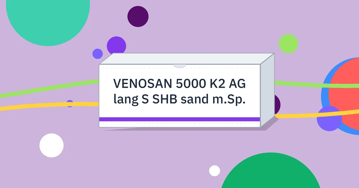 Symbolbild: Packung mit der Aufschrift VENOSAN 5000 K2 AG lang S SHB sand m.Sp. (PZN 14428776) – Verfügbarkeit und Bezug in Apotheken in Frankfurt am Main