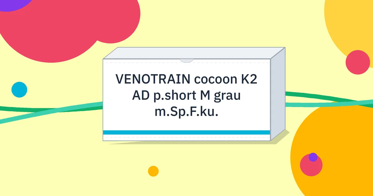 Symbolbild: Packung mit der Aufschrift VENOTRAIN cocoon K2 AD p.short M grau m.Sp.F.ku. (PZN 19198619) – Verfügbarkeit und Bezug in Apotheken in Frankfurt am Main
