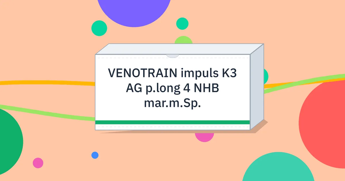 Symbolbild: Packung mit der Aufschrift VENOTRAIN impuls K3 AG p.long 4 NHB mar.m.Sp. (PZN 15215462) – Verfügbarkeit und Bezug in Apotheken in Frankfurt am Main