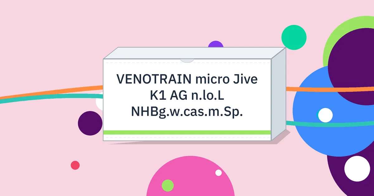 Symbolbild: Packung mit der Aufschrift VENOTRAIN micro Jive K1 AG n.lo.L NHBg.w.cas.m.Sp. (PZN 20767867) – Verfügbarkeit und Bezug in Apotheken in Frankfurt am Main