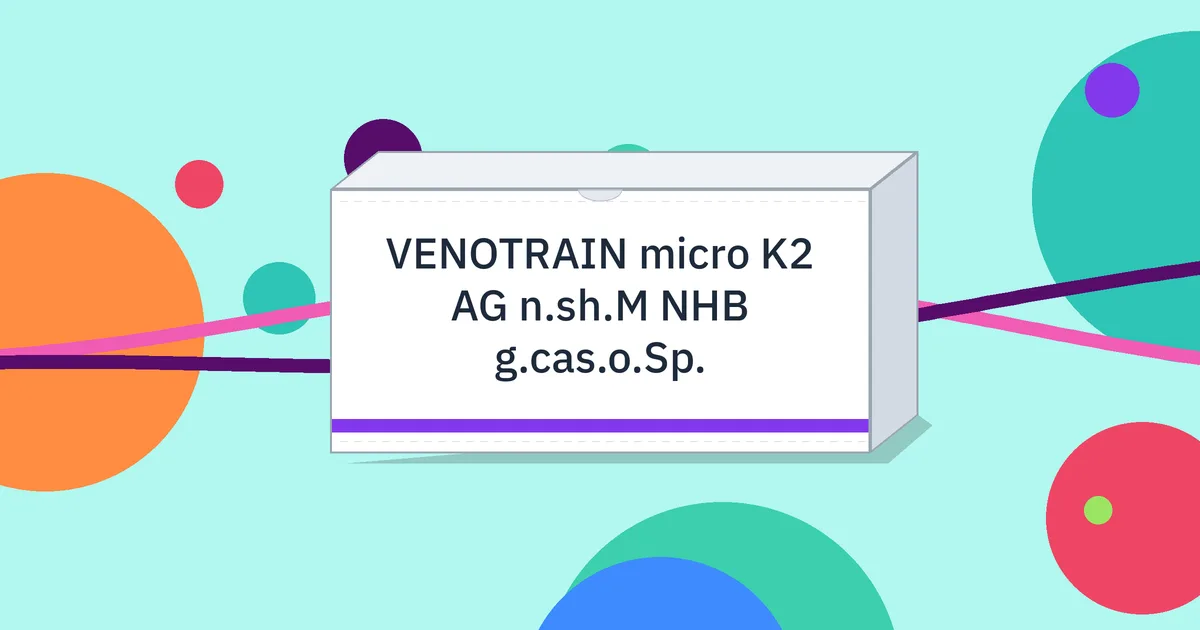 Symbolbild: Packung mit der Aufschrift VENOTRAIN micro K2 AG n.sh.M NHB g.cas.o.Sp. (PZN 20759402) – Verfügbarkeit und Bezug in Apotheken in Frankfurt am Main