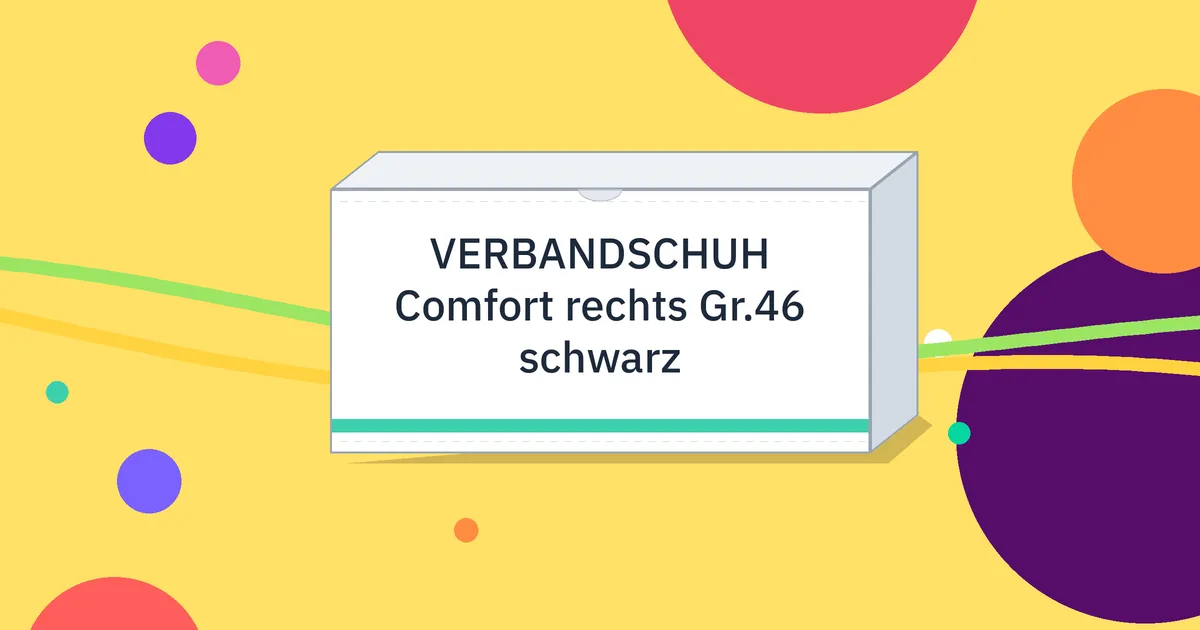 Symbolbild: Packung mit der Aufschrift VERBANDSCHUH Comfort rechts Gr.46 schwarz (PZN 11014927) – Verfügbarkeit und Bezug in Apotheken in Frankfurt am Main