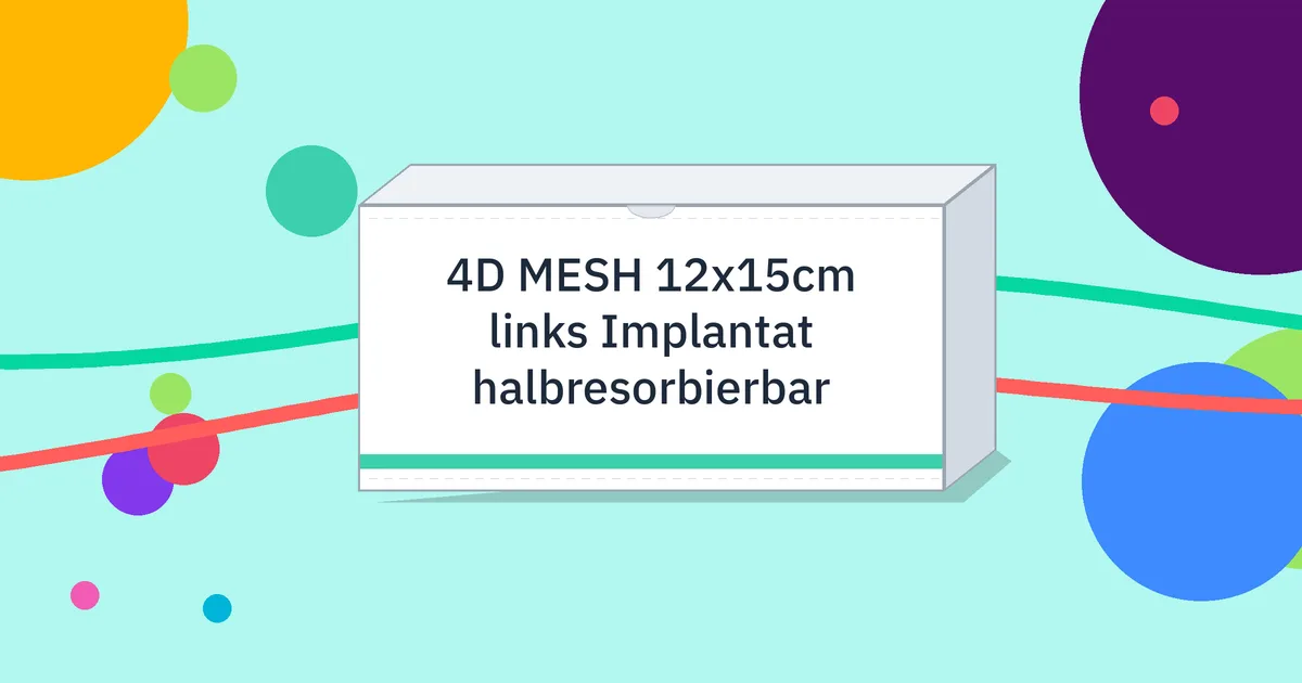 Symbolbild: Packung mit der Aufschrift 4D MESH 12x15cm links Implantat halbresorbierbar (PZN 19504418) – Verfügbarkeit und Bezug in Apotheken in Frankfurt am Main