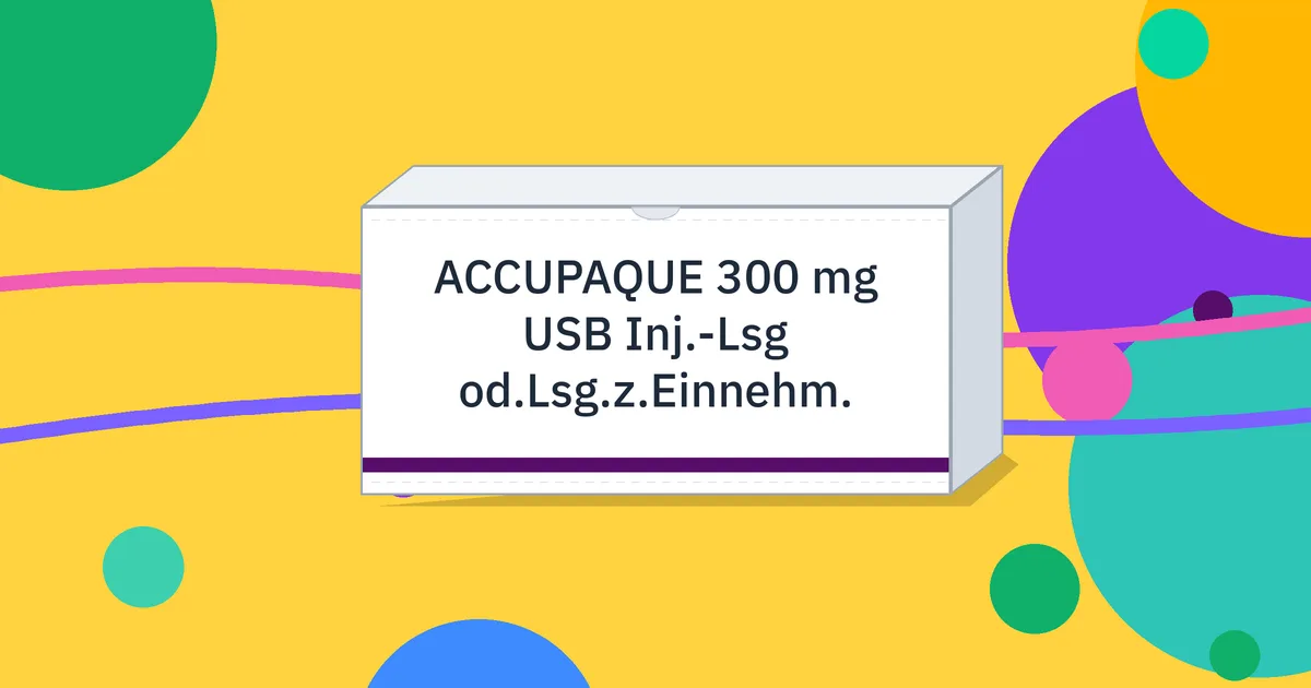 Symbolbild: Packung mit der Aufschrift ACCUPAQUE 300 mg USB Inj.-Lsg od.Lsg.z.Einnehm. (PZN 00500369) – Verfügbarkeit und Bezug in Apotheken in Frankfurt am Main