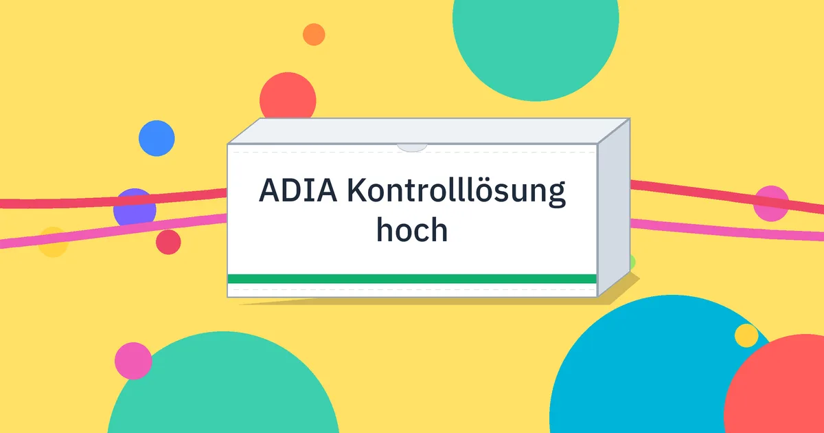 Symbolbild: Packung mit der Aufschrift ADIA Kontrolllösung hoch (PZN 11110499) – Verfügbarkeit und Bezug in Apotheken in Frankfurt am Main