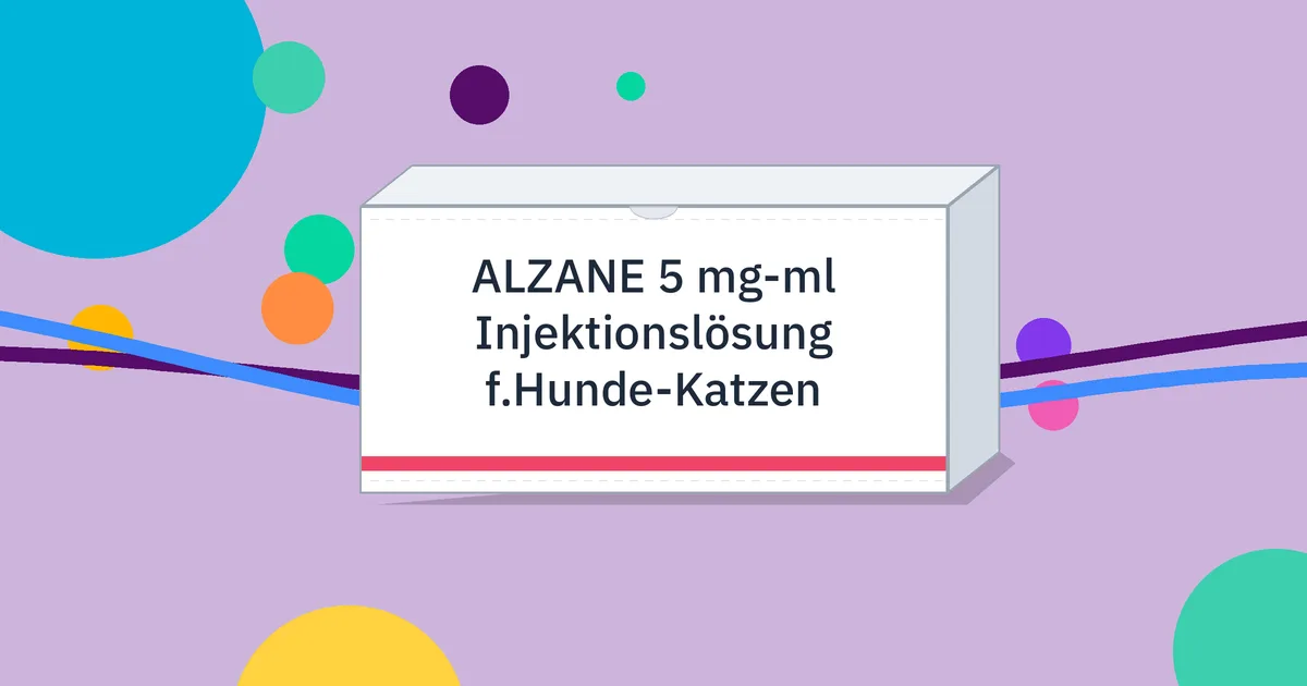 Symbolbild: Packung mit der Aufschrift ALZANE 5 mg-ml Injektionslösung f.Hunde-Katzen (PZN 11283538) – Verfügbarkeit und Bezug in Apotheken in Frankfurt am Main