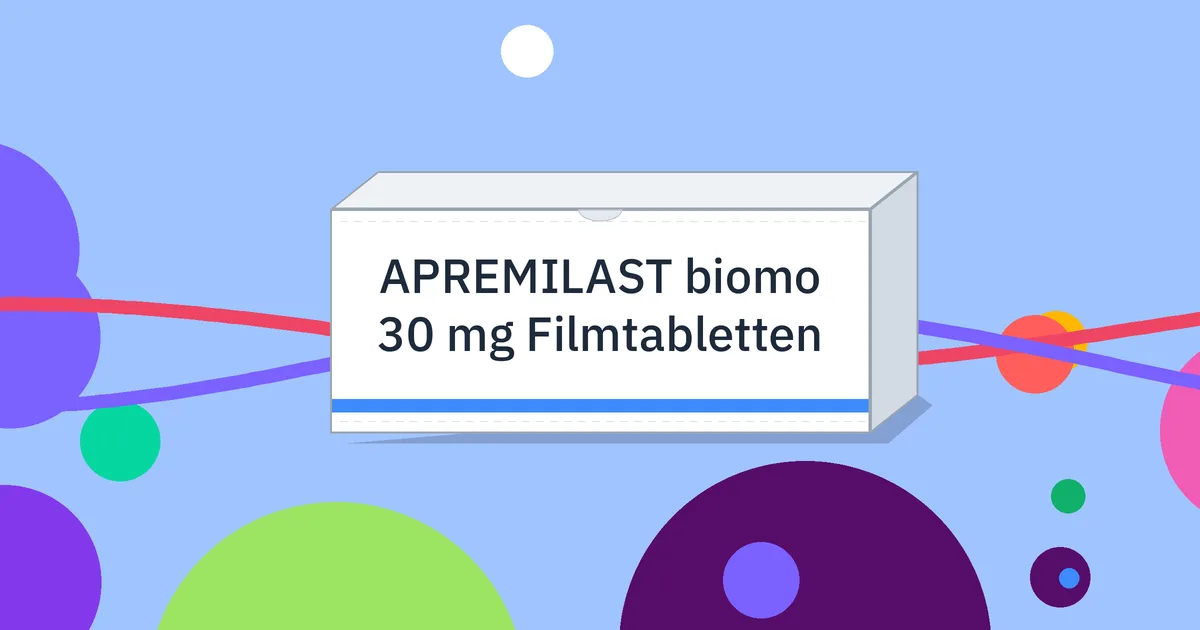 Symbolbild: Packung mit der Aufschrift APREMILAST biomo 30 mg Filmtabletten (PZN 19391109) – Verfügbarkeit und Bezug in Apotheken in Frankfurt am Main