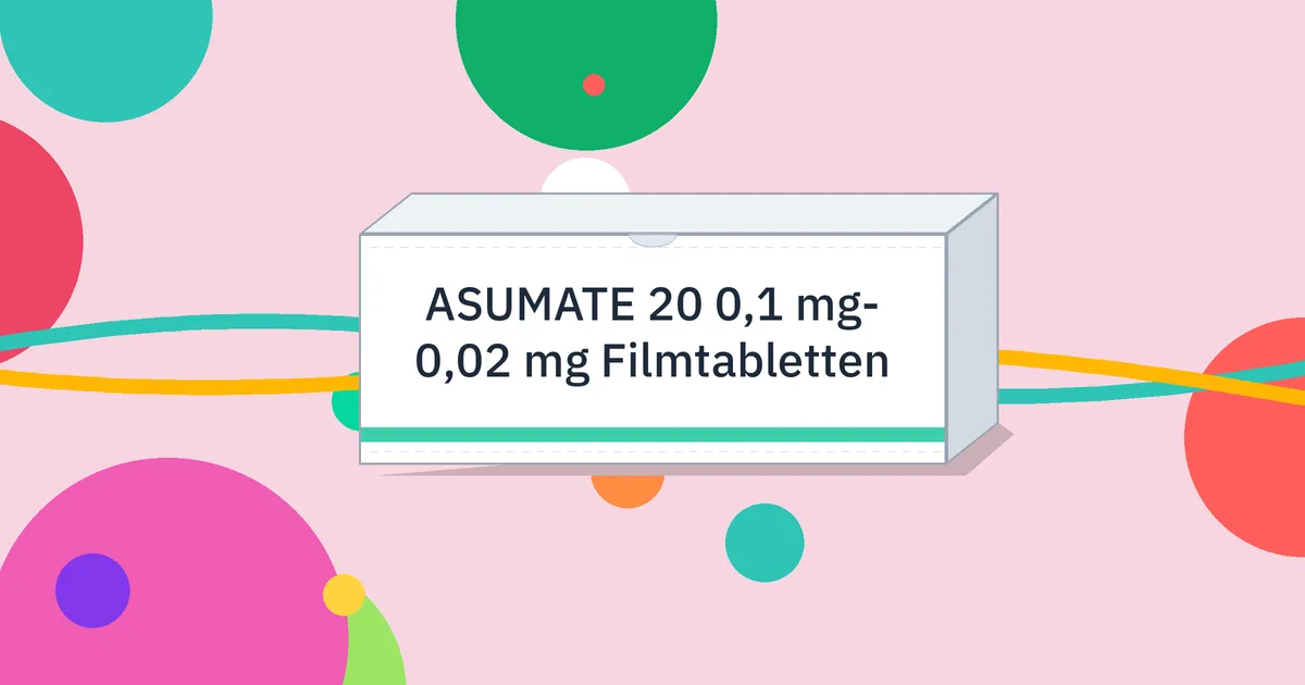 Symbolbild: Packung mit der Aufschrift ASUMATE 20 0,1 mg-0,02 mg Filmtabletten (PZN 06482187) – Verfügbarkeit und Bezug in Apotheken in Frankfurt am Main