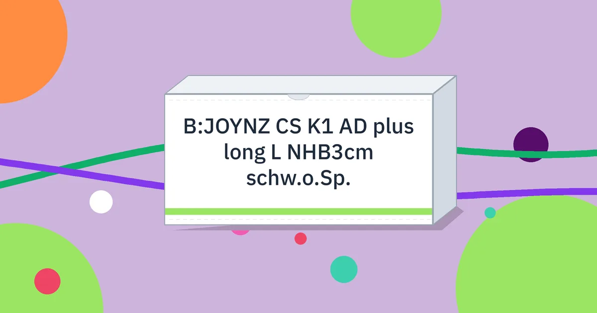 Symbolbild: Packung mit der Aufschrift B:JOYNZ CS K1 AD plus long L NHB3cm schw.o.Sp. (PZN 20529530) – Verfügbarkeit und Bezug in Apotheken in Frankfurt am Main