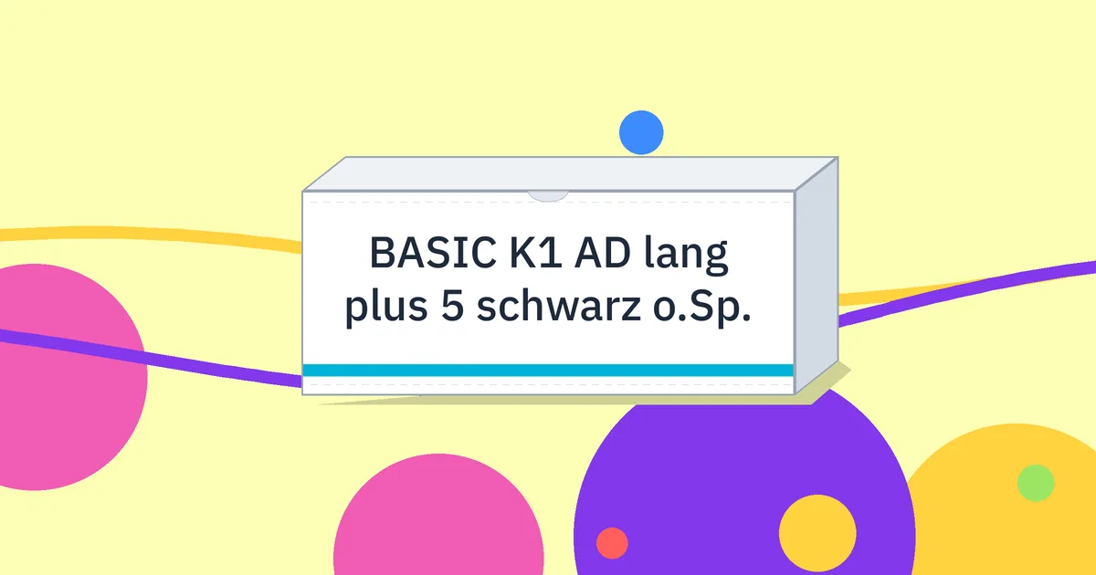 Symbolbild: Packung mit der Aufschrift BASIC K1 AD lang plus 5 schwarz o.Sp. (PZN 20258686) – Verfügbarkeit und Bezug in Apotheken in Frankfurt am Main